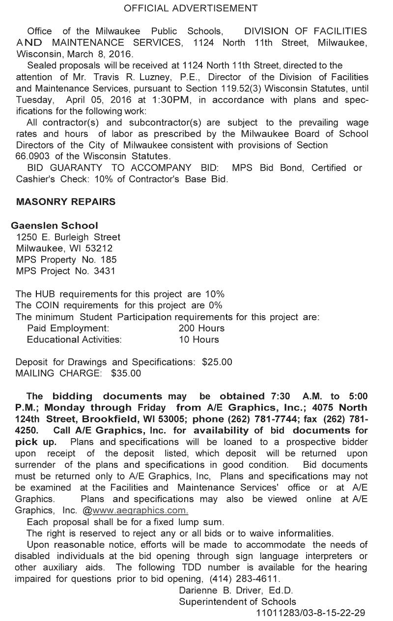 MPS Requesting BIDs for Masonry Repairs at Gaenslen School - Milwaukee ...