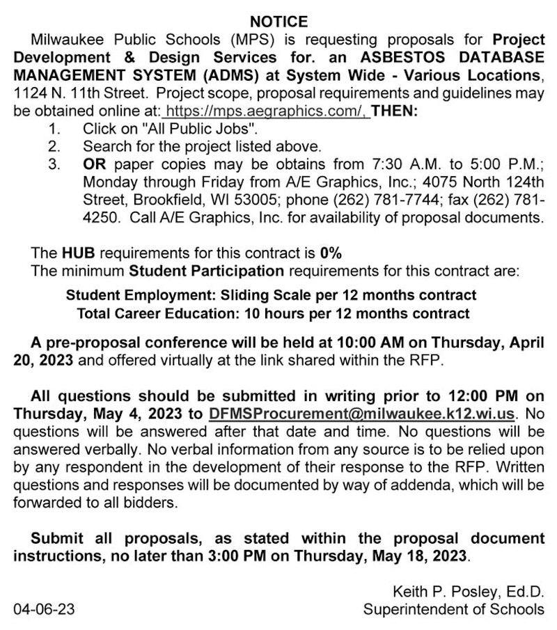 MPS Requesting Proposals for Project Design & Development for an Asbestos Database Management ...