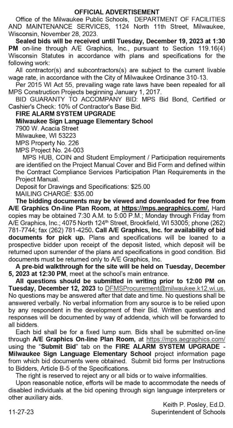 MPS Requesting BIDs for Fire Alarm System Upgrade at Milwaukee Sign ...