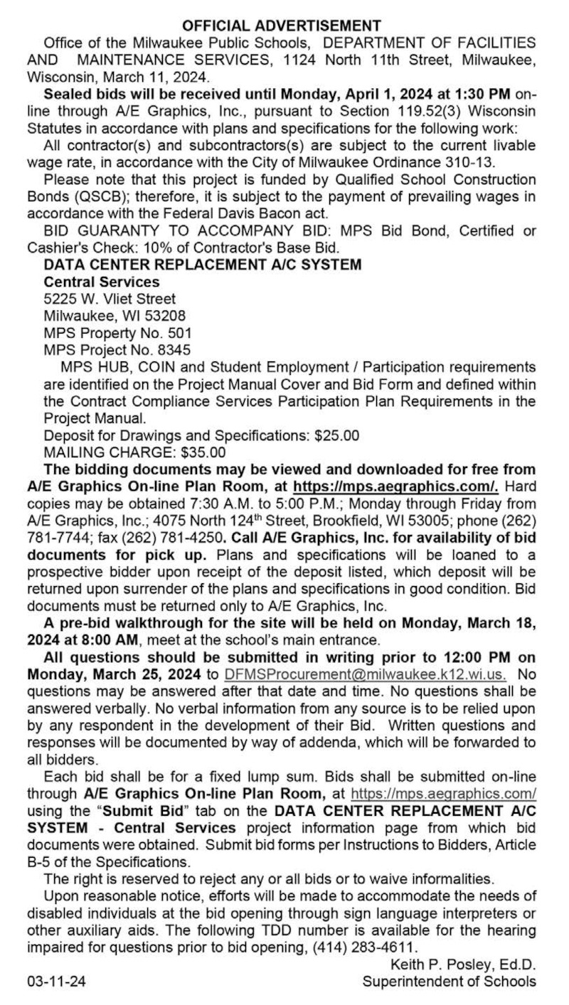 MPS Requesting BIDs for Data Center Replacement A/C System at Central Services - Milwaukee ...