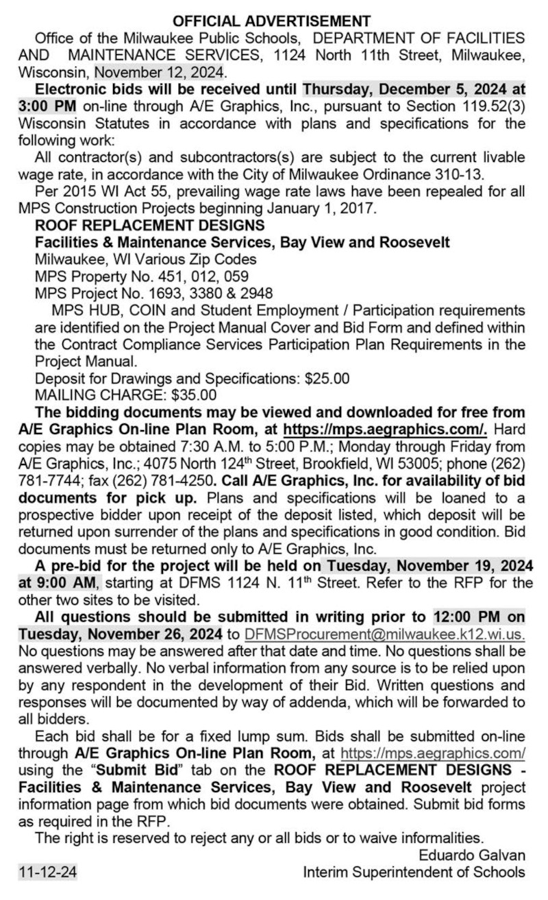 MPS Requesting BIDs for Roof Replacement Designs - Milwaukee Courier Weekly Newspaper